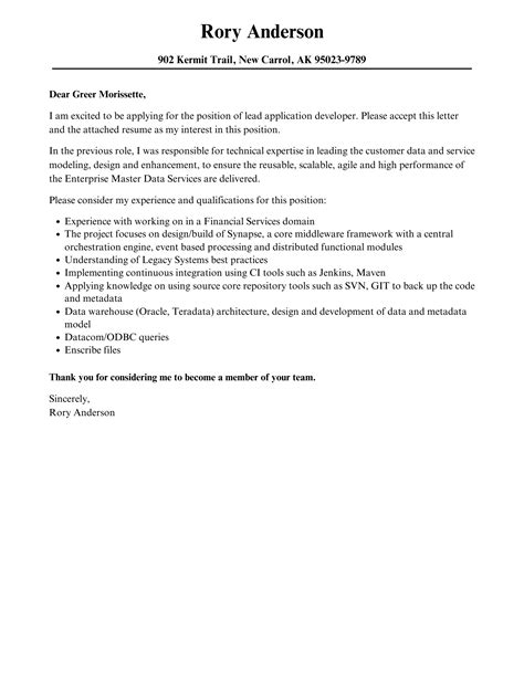 Lead Application Developer Cover Letter Velvet Jobs