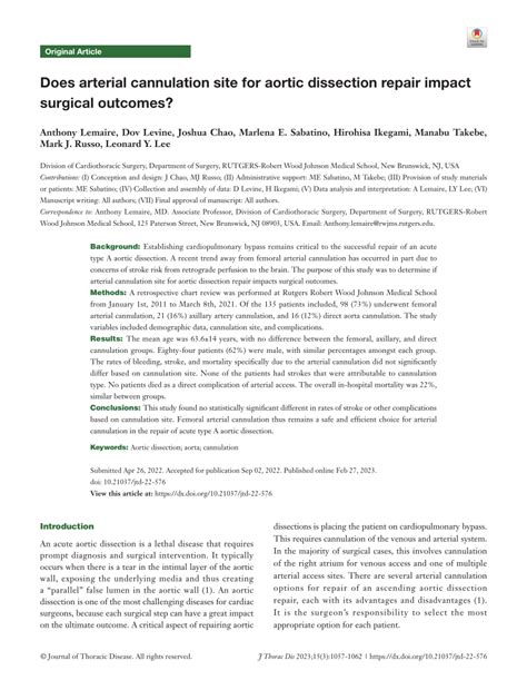 Pdf Does Arterial Cannulation Site For Aortic Dissection Repair Impact Surgical Outcomes