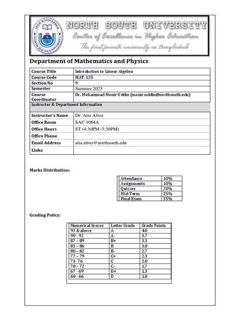 Course Outline Mat 125 9 Summer2023 Pdf Linear Map Matrix