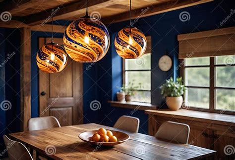 A Glass Orb Shaped Pendant Light With Swirling Patterns Of Amber Stock Illustration