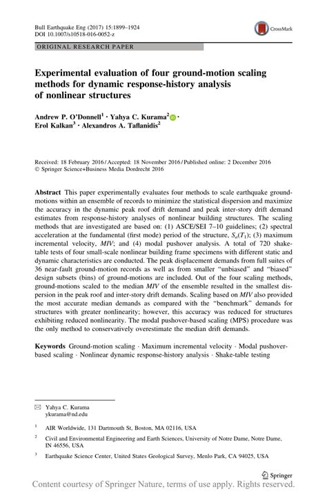 Experimental Evaluation Of Four Ground Motion Scaling Methods For Dynamic Response Of Nonlinear