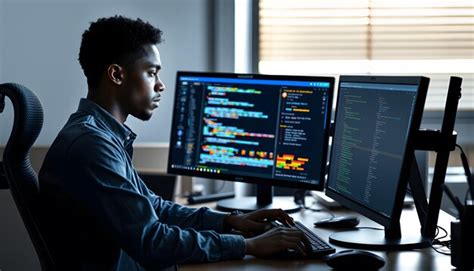 Young African Male Programmer Writing Program Code Sitting At The