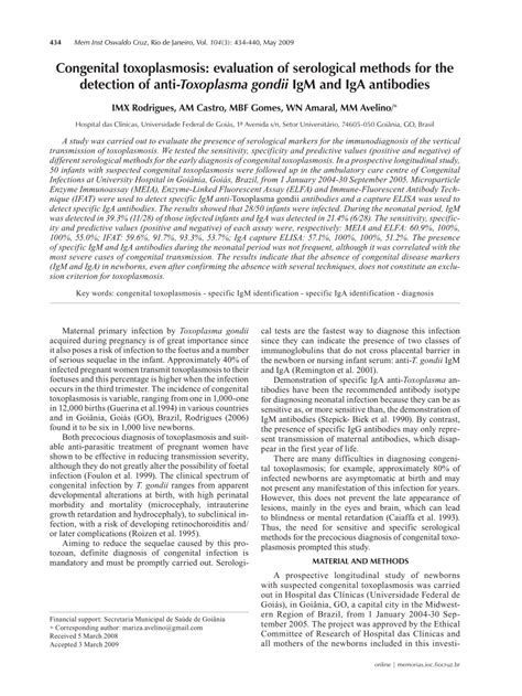 Pdf Congenital Toxoplasmosis Evaluation Of Serological Methods For The Detection Of Anti