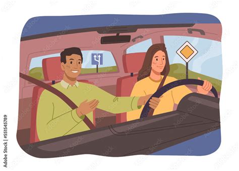 Female Character Learning To Drive At Driving School Instructor