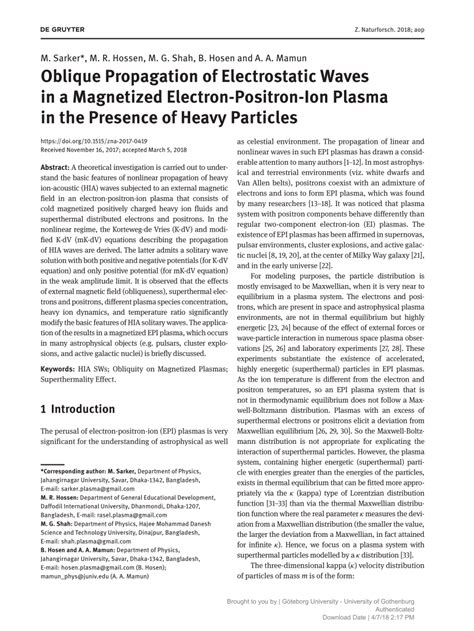 Pdf Oblique Propagation Of Electrostatic Waves In A Magnetized Electron Positron Ion Plasma In