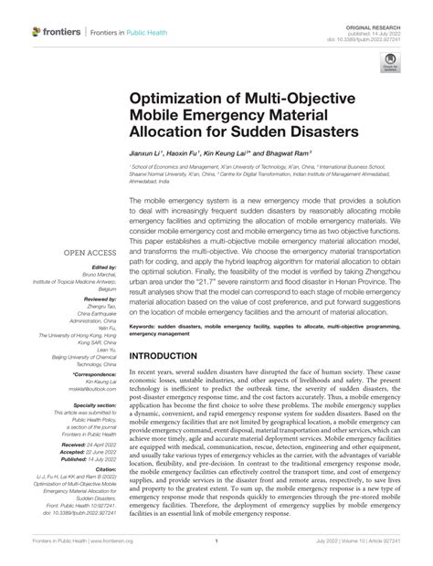 Pdf Optimization Of Multi Objective Mobile Emergency Material