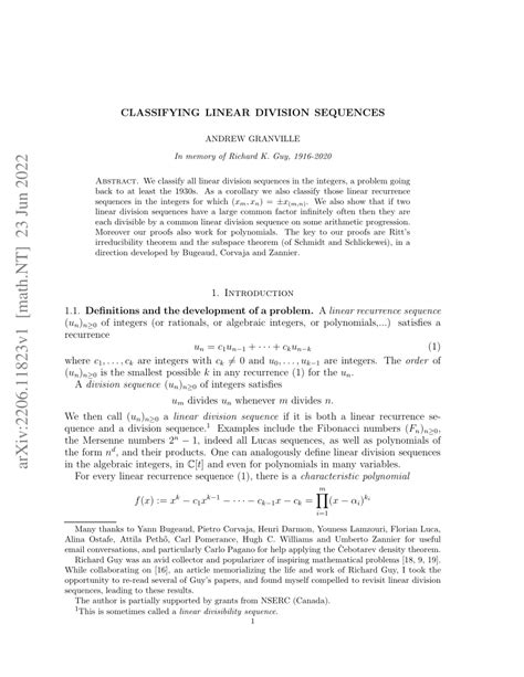 Pdf Classifying Linear Division Sequences