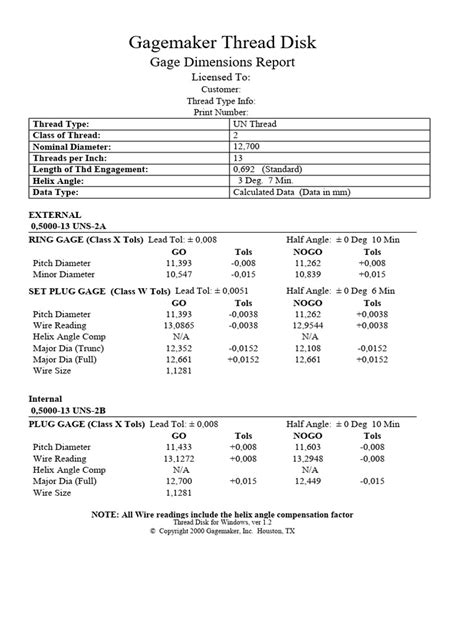 Gagemaker Thread Disk Gage Dimensions Report Pdf Manufactured