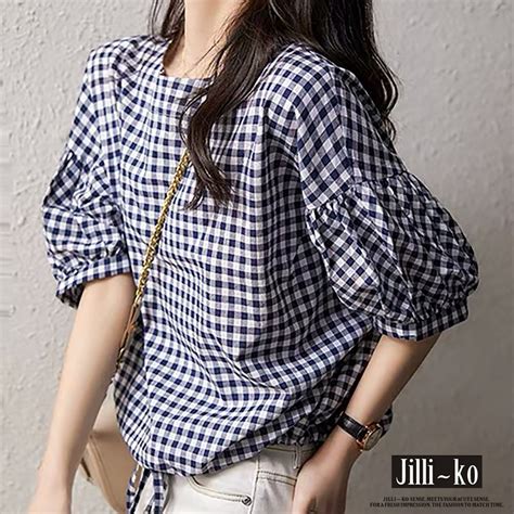 Jilli Ko 夏季新款圓領五分燈籠袖休閒時尚設計感 藍色 5分7分袖 Yahoo奇摩購物中心