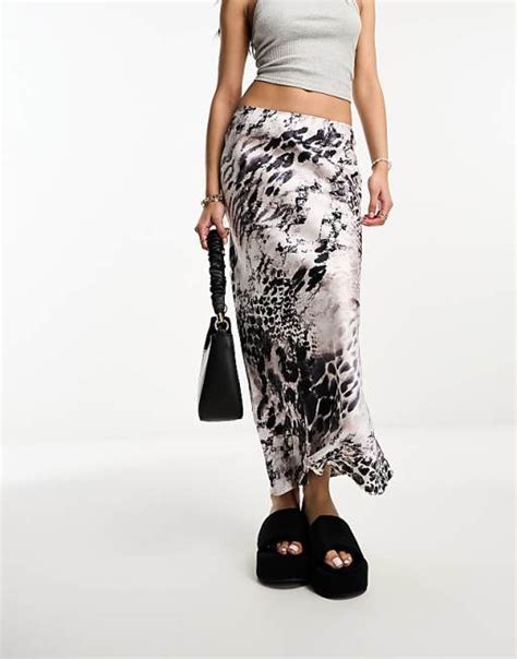 Asos Design Satin Bias Midi Skirt In Snake Print Asos