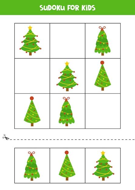 Судоку головоломка с милыми мультяшными елками образовательный лист для детей Премиум векторы