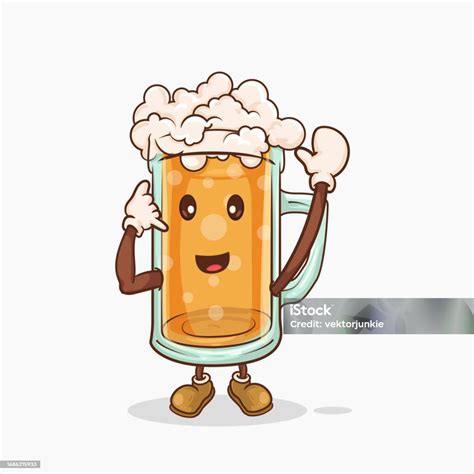 Beer Glass With Kawaii Cute Face Shaka Call Me Hand Gesture Mascot