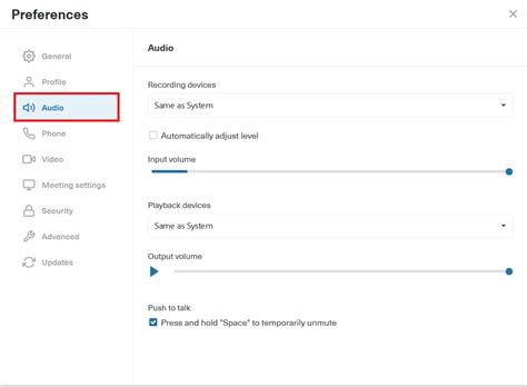 Desktop App View Of The Audio Preferences Section