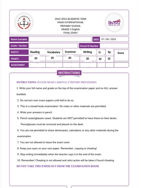Final English Exam Grade 5 2023 Pdf