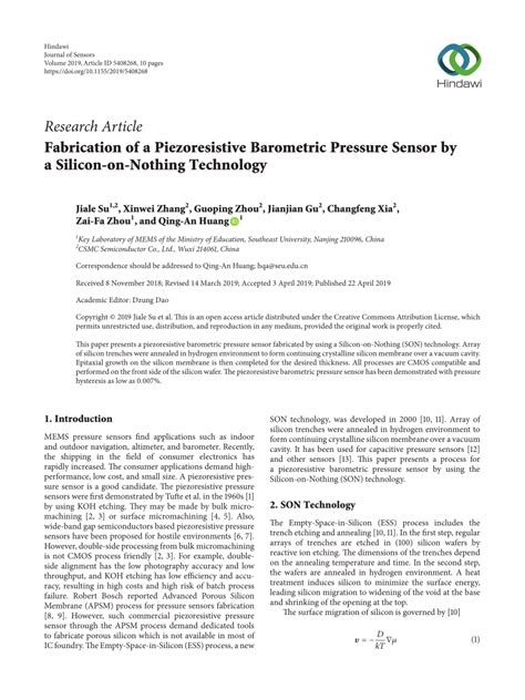 Pdf Fabrication Of A Piezoresistive Barometric Pressure Sensor By A Silicon On Nothing Technology