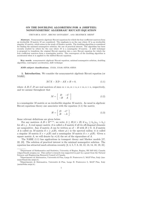Pdf On The Doubling Algorithm For A Shifted Nonsymmetric Algebraic Riccati Equation