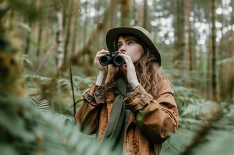 Model Exploring In A Forest With A Binoculars And A Camera In A