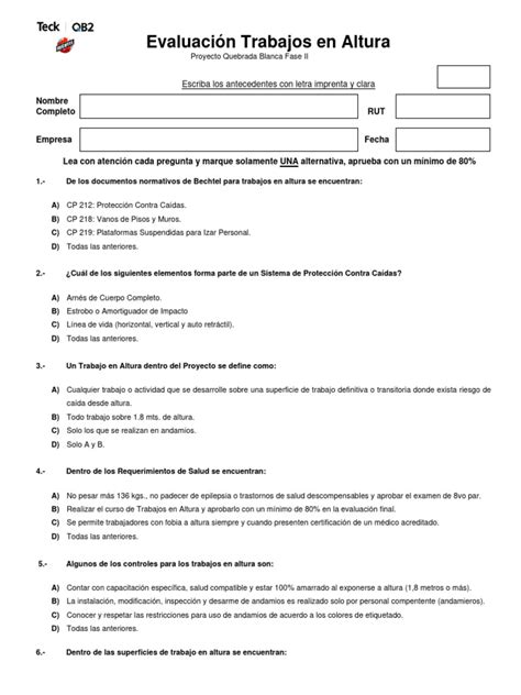 Evaluación Curso Trabajos En Altura Pdf