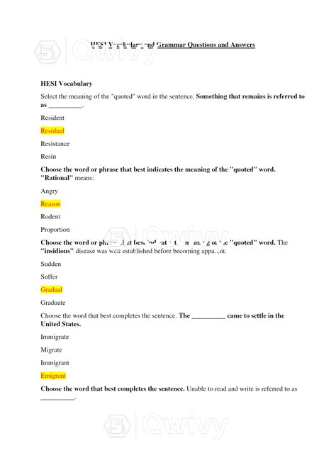Hesi Vocabulary And Grammar Questions And Answers