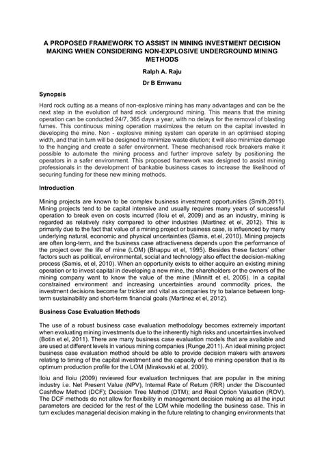 Pdf A Proposed Framework To Assist In Mining Investment Decision Making When Considering Non