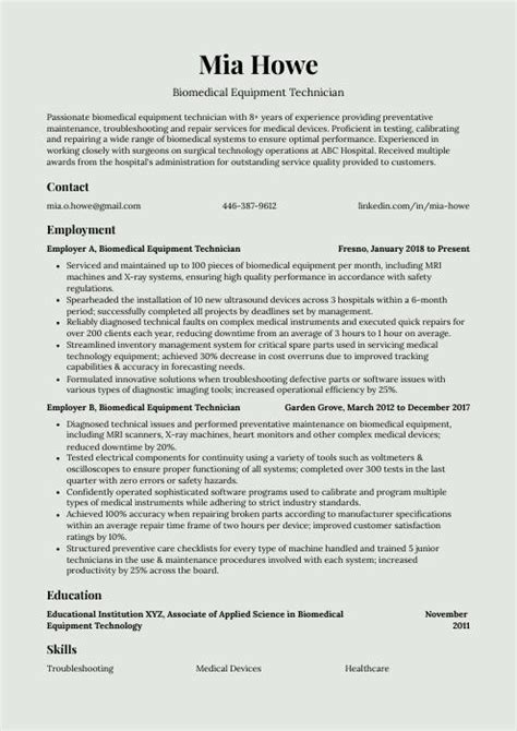 Biomedical Equipment Technician Resume CV Example And Writing Guide