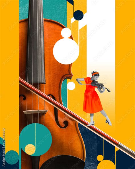 Young Talented Girl Playing Tender Music With Violin Over Abstract