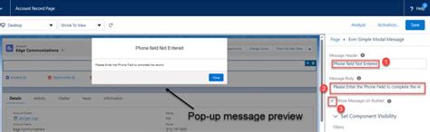 how to add a pop up message in the salesforce record page