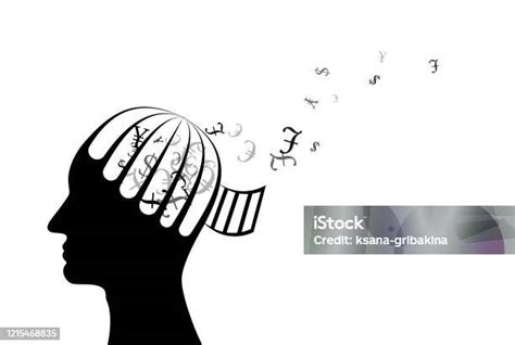 통화를 비행 케이지에서 머리를 가진 사람 흩어진 요소의 벡터 장식 모노크롬 절연 실루엣 개념 적 그림입니다 개념에 대한 스톡 벡터 아트 및 기타 이미지 Istock