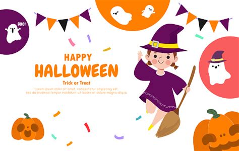 해피 할로윈 트릭 또는 플랫 스타일 마녀와 재미있는 파티 축하 초대장 배너 템플릿 포스터 배경 벡터 일러스트 레이 션 치료