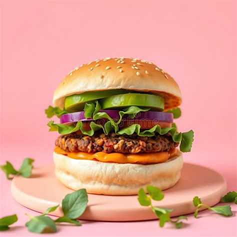 A Veggie Burger With Avocado On A Pastel Blush Pink Background Stock Illustration Illustration