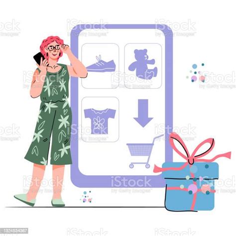 인터넷 스토어 벡터에서 상품을 구입하는 여성과 온라인 쇼핑 개념 Brand Name Smart Phone에 대한 스톡 벡터 아트