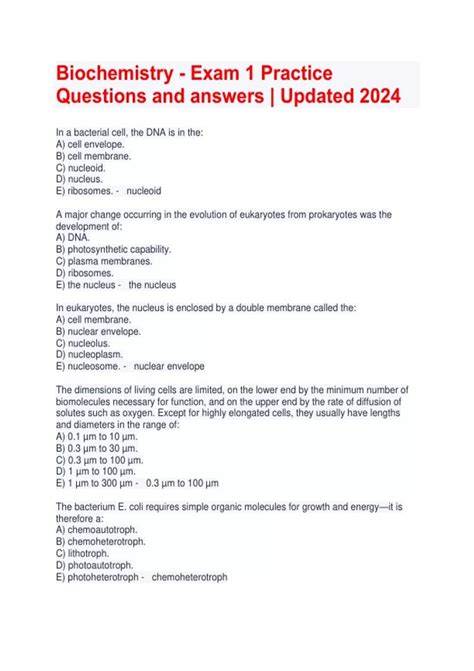 Biochemistry Exam 1 Practice Questions And Answers Updated 2024