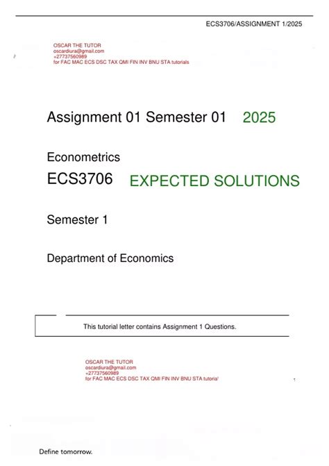 ECS3706 ASSESSMENT 1 SEM 1 OF 2025 EXPECTED QUESTIONS AND SOLUTIONS Econometrics ECS3706