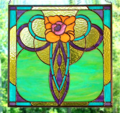 Stained Glass Art Nouveau Pansy Panel