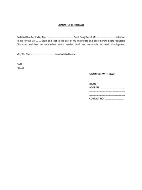 Format For Character Certificate Pdf