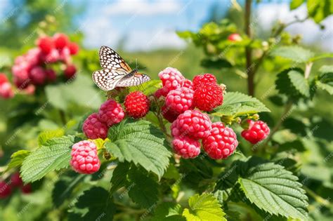 Premium Photo Raspberry Bushes In A Garden With Butterflies
