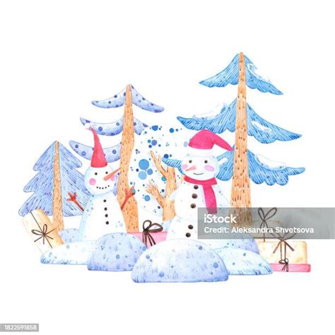 손으로 그린 수채화 겨울 새해 숲 눈사람 흰색 배경에 고립된 요정 그림입니다 라벨 엽서 및 기타 인쇄물에 사용할 수 있습니다