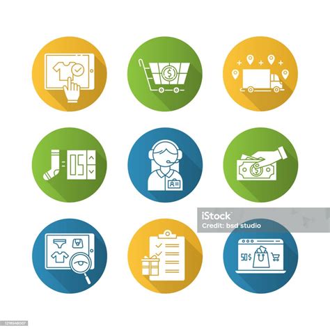 전자 상거래 플랫 디자인 긴 그림자 문표 아이콘 세트 상품 검색 구매 및 주문 신용카드및현금으로결제 인터넷 상점 온라인 상점 앱 벡터 실루엣 일러스트 개념에 대한 스톡 벡터