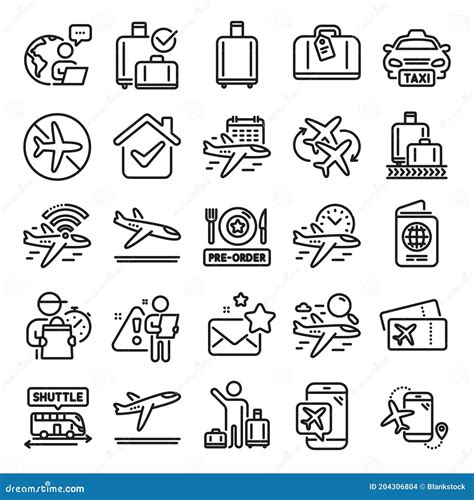 Airport Line Icons Boarding Pass Baggage Claim Arrival And Departure