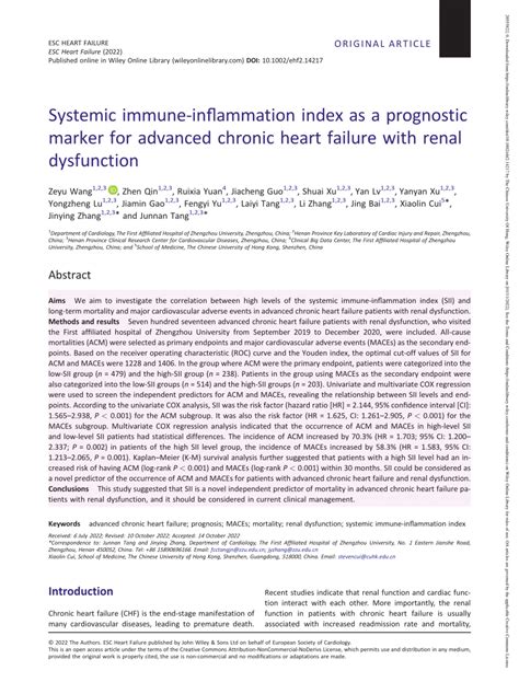 Pdf Systemic Immune Inflammation Index As A Prognostic Marker For Advanced Chronic Heart