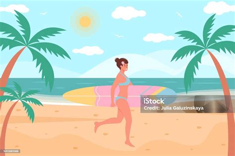 수영복을 입고 서핑보드를 타고 해변을 걷고 있는 여자 열대 야자수가 있습니다 여름 바다 경치 활동적인 스포츠 서핑 휴가 개념