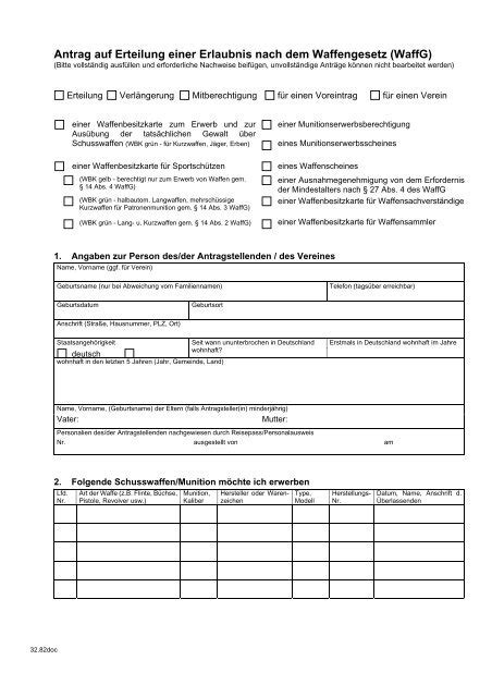 Antrag Auf Erteilung Einer Erlaubnis Nach Dem Waffengesetz WaffG
