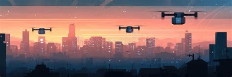 Automated Drones Conducting Deliveries And Surveillance Over A Vibrant City At Dusk Generative