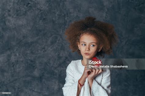 머리를 한 초상화 의 행복한 소녀 와 곱슬 머리 미소 카메라 회색 배경 감정에 대한 스톡 사진 및 기타 이미지 감정 귀여운 긍정적인 감정 표현 Istock
