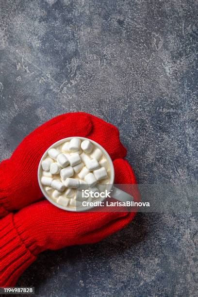 크리스마스와 새해 아늑한 휴일 구성 스카프 장갑에 여자 손 회색 콘크리트 배경에 뜨거운 음료와 마시멜로와 머그잔 플랫 레이 상단 보기 겨울에 대한 스톡 사진 및 기타 이미지