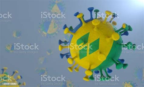 세인트 빈센트의 패턴과 세인트 빈센티안 빈센티안 플래그 인쇄 델타 람다 플러스 변형 3d 렌더와 그레나딘 플래그 코로나 바이러스의 패턴코비드19 바이러스 3차원 형태에 대한