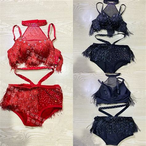 Women Sexy Neck Hanging Tassel Split Suit Jazz Dance Performance Stage Festival Dress New Pole