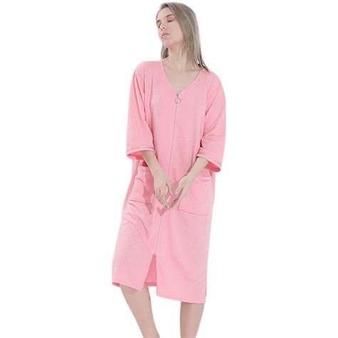 Women Zipper Robes Full Length Nightgowns Cotton Loose Housecoat Half
