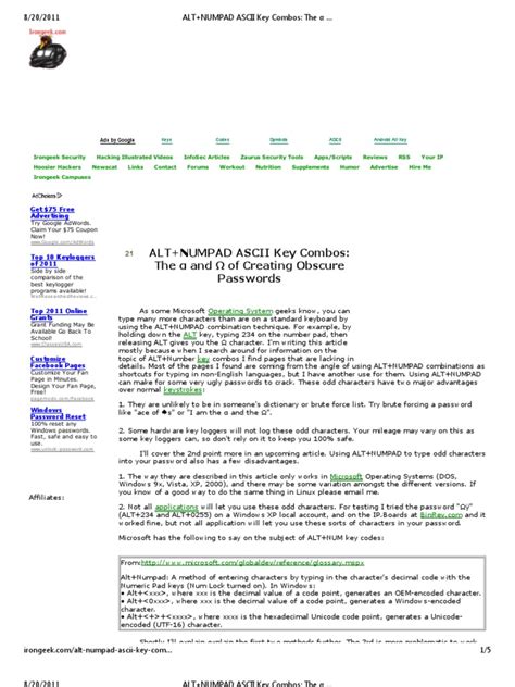 Alt Numpad Ascii Key Combos The α And Ω Of Creating Obscure Passwords Pdf Ascii