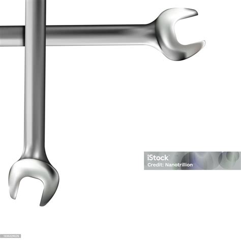 코너 요소 흰색 배경에 고립 된 현실적인 손 렌치 또는 스패너의 십자선 사진 사실적인 크롬 금속 도구 그림 3차원 형태에 대한 스톡 벡터 아트 및 기타 이미지 Istock